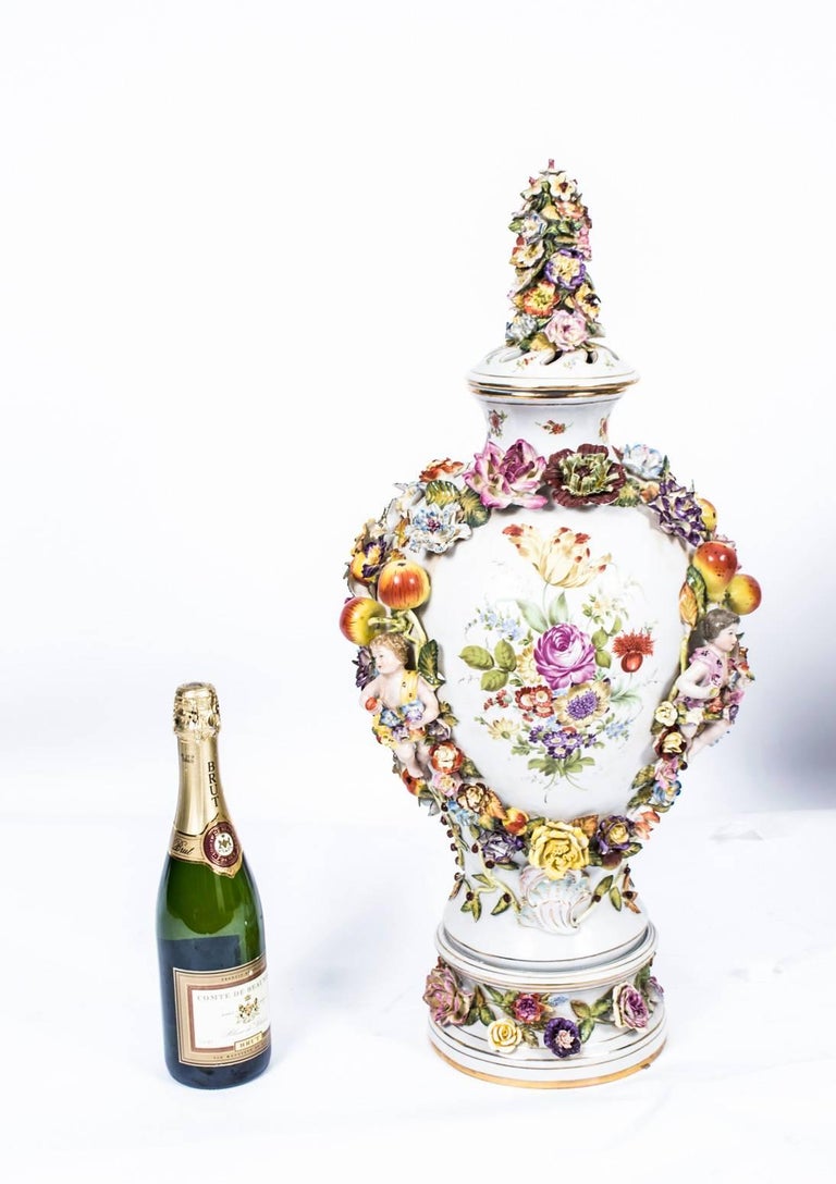 Pair Dresden Style Hand Painted Porcelain Vases at 1stDibs