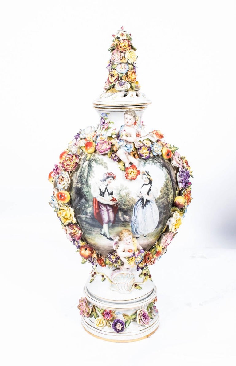 Pair Dresden Style Hand Painted Porcelain Vases at 1stDibs