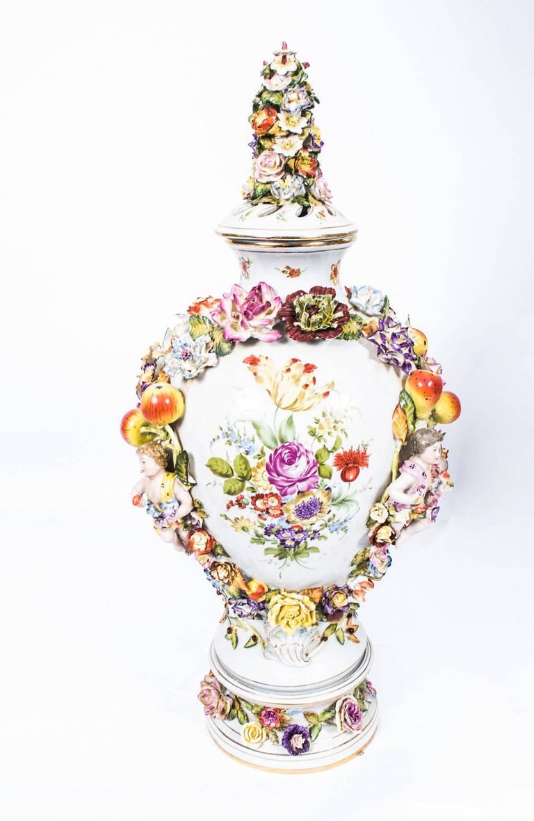 Pair Dresden Style Hand Painted Porcelain Vases at 1stDibs