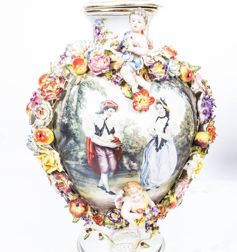 Pair Dresden Style Hand Painted Porcelain Vases at 1stDibs