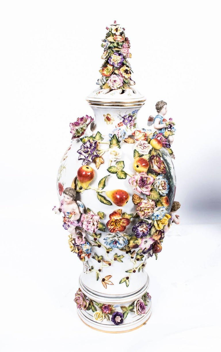 Pair Dresden Style Hand Painted Porcelain Vases at 1stDibs