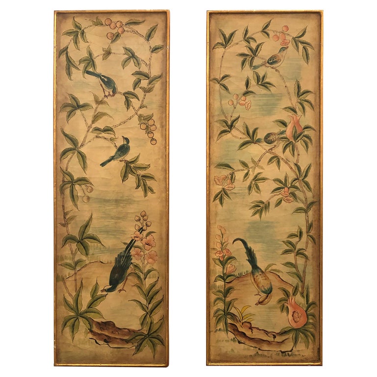 Lovely Pair of Asian Painted Panels with Exotic Birds at 1stDibs