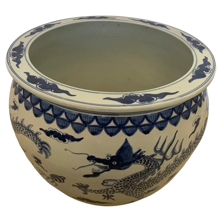 Lovely Pair of Blue and White Chinese Ceramic Planters For Sale at 1stDibs