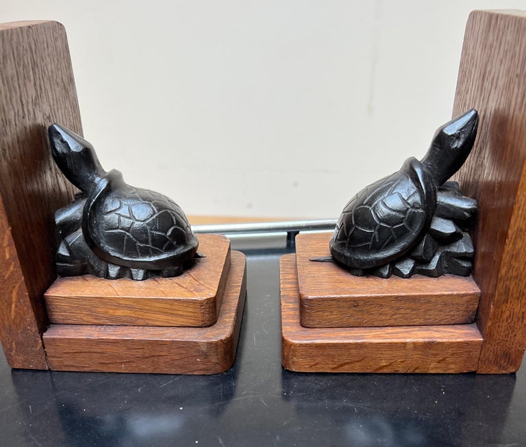 Lovely Pair of Hand Carved Art Deco Turtle Sculptures Out of Oakwood ...