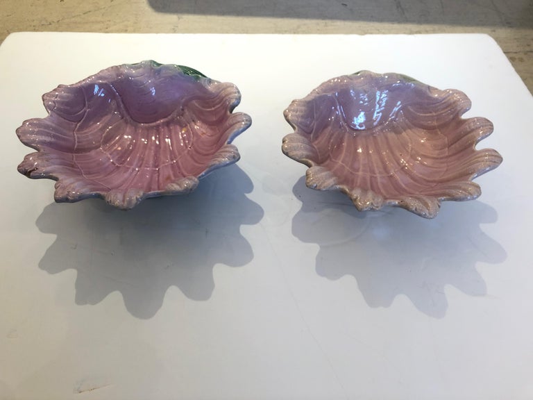 Lovely Pair of Pink and Green Majolica Clam Shell Bowls at 1stDibs