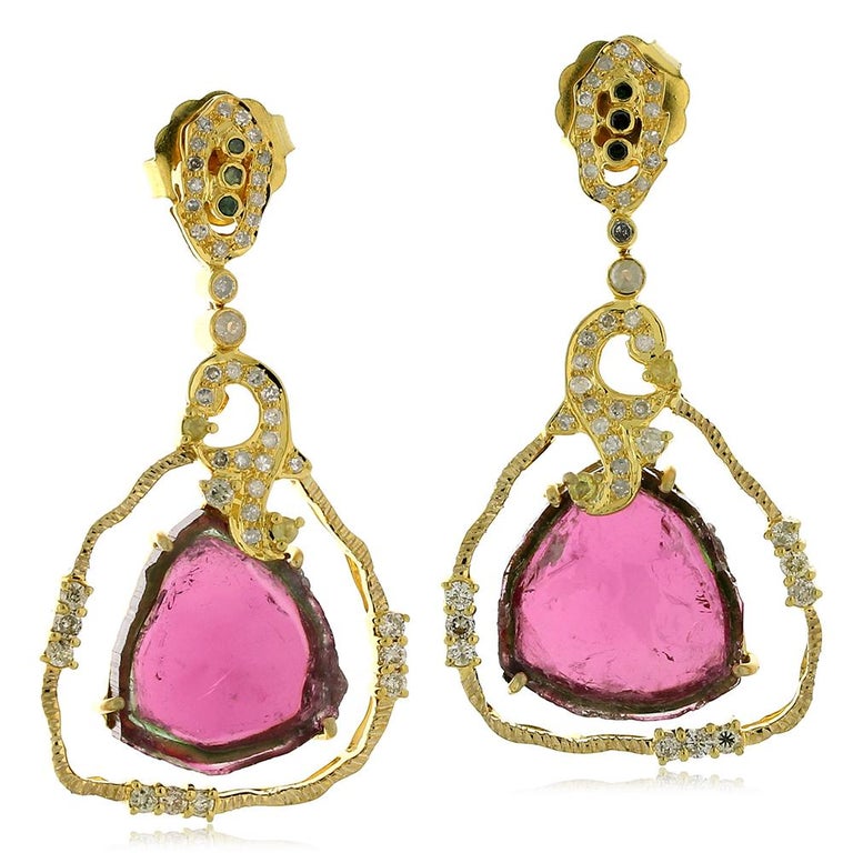 Lovely Trillion Shape Watermelon Tourmaline Earring with Diamonds at ...