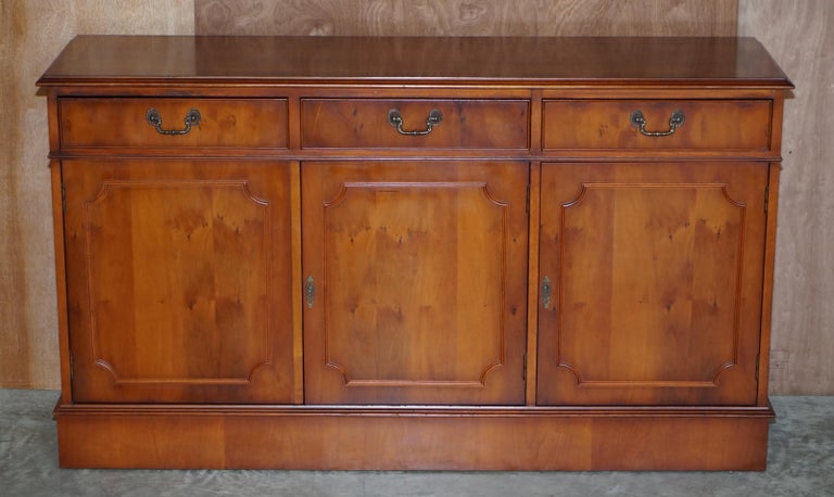 Lovely Vintage Burr Yew Wood Three Drawer and Cupboard Sideboard Baize ...