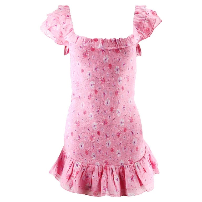 Loveshackfancy Shirred Floral Print Cotton Mini Dress Small For Sale at ...