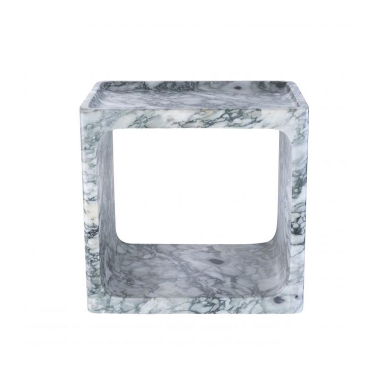 Low Hollowed Square Carved Block Carrera Marble Side or Nightstand ...