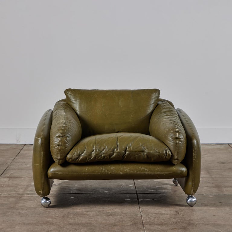 Low Leather Lounge Chair on Casters For Sale at 1stDibs