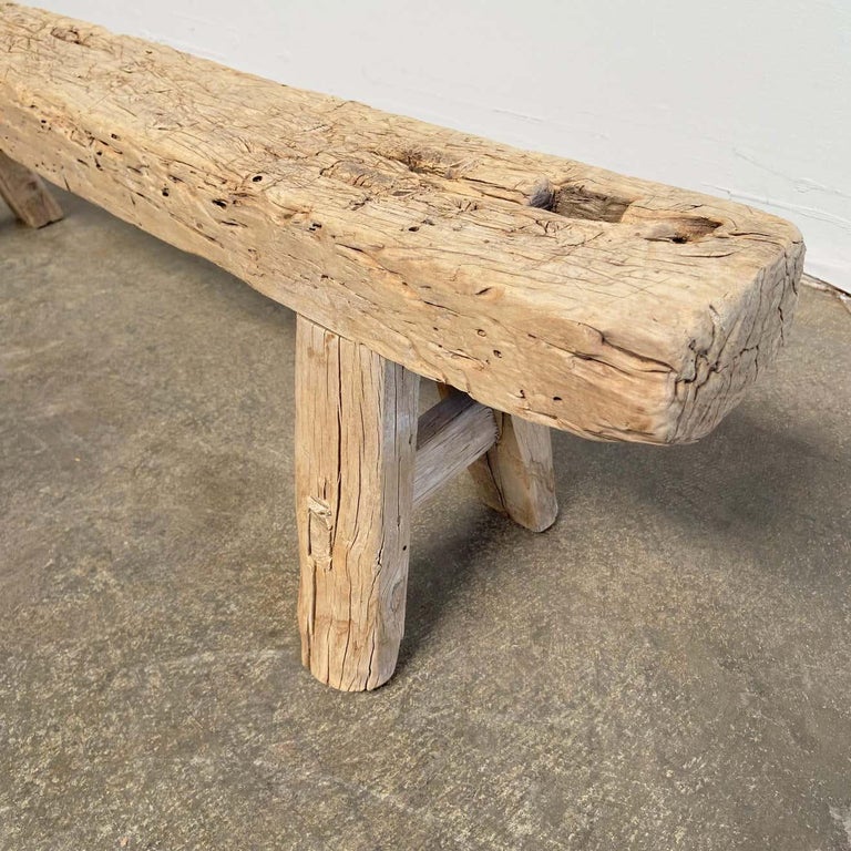 Low Vintage Elm Wood Skinny Bench For Sale at 1stDibs