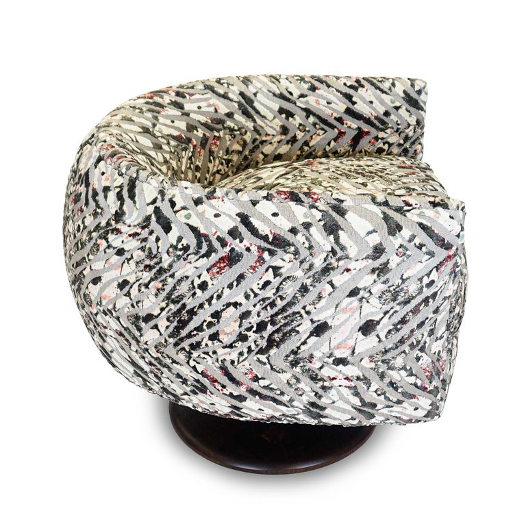 Low Walnut Base Swivel Chair with Cut Velvet For Sale at 1stDibs