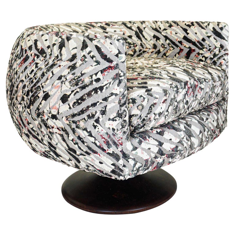 Low Walnut Base Swivel Chair with Cut Velvet For Sale at 1stDibs