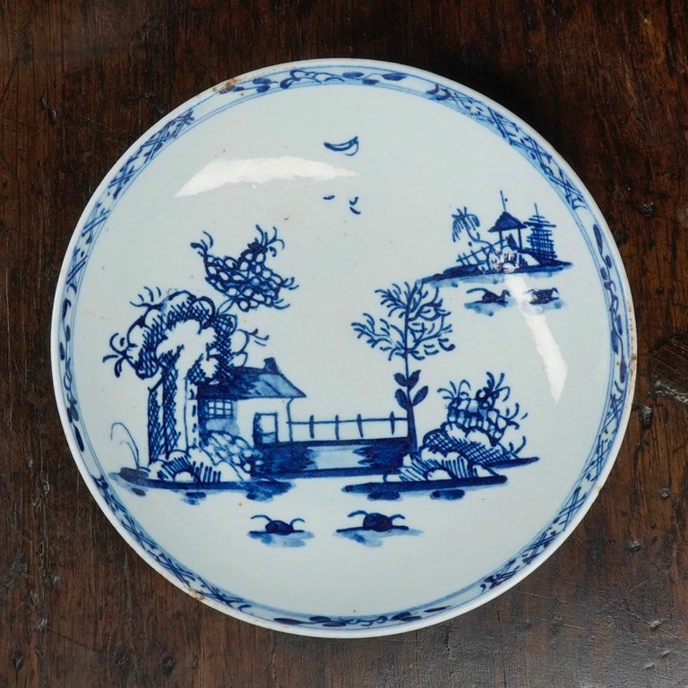 Lowestoft Teabowl and Saucer, Blue Chinoiserie 'Long Bridge' Pattern ...