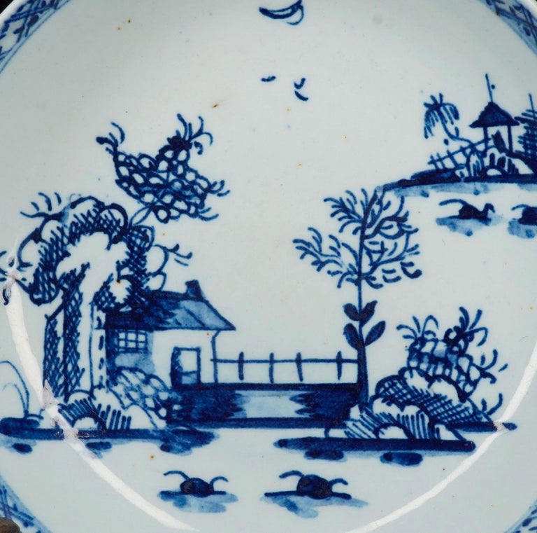 Lowestoft Teabowl and Saucer, Blue Chinoiserie 'Long Bridge' Pattern ...