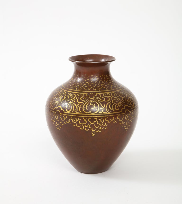 Luc Lanel for Christofle Rare Art Deco Dinanderie Vase in Bronze ...