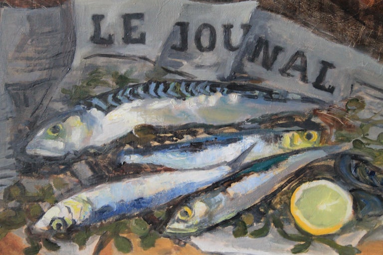 Luc Tullat - Vintage still life painting of sardines and lemon on a ...