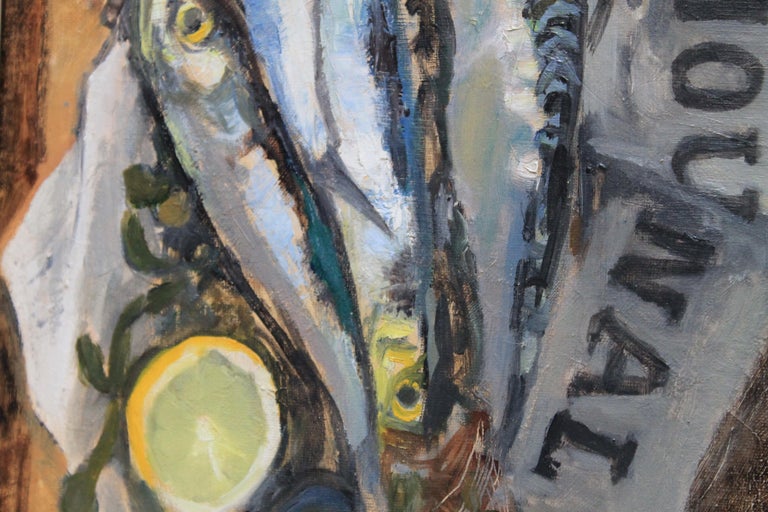 Luc Tullat - Vintage still life painting of sardines and lemon on a ...