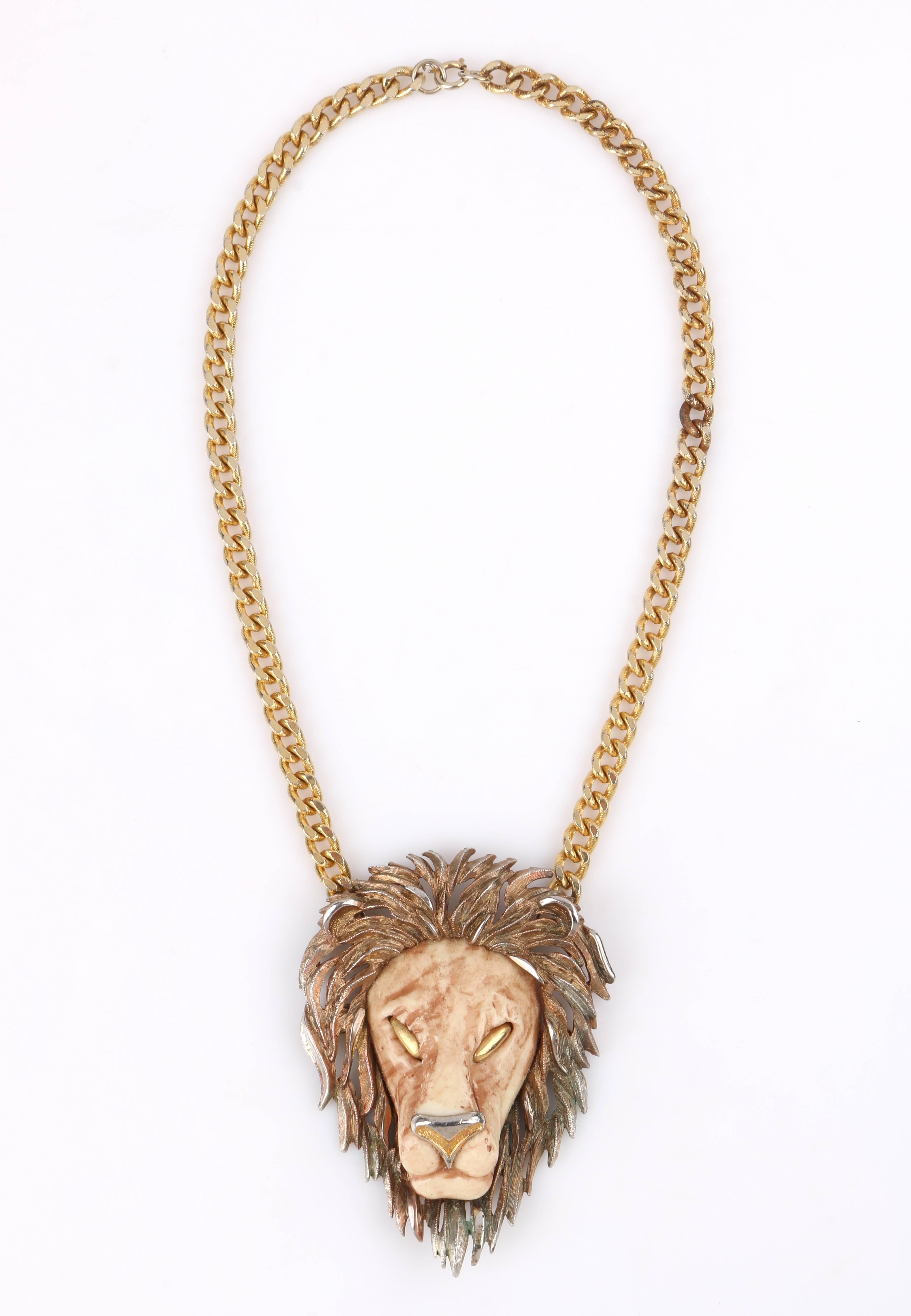 LUCA RAZZA C 1970 s Large Gold Leo Lion Head Zodiac Pendant Statement