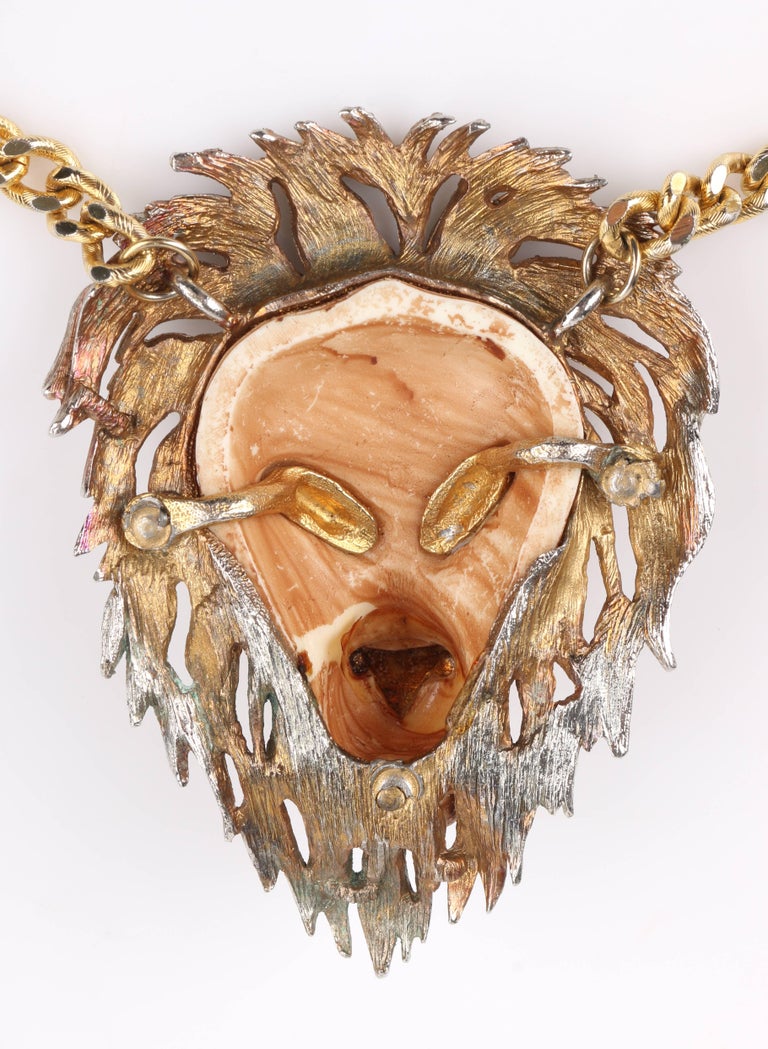 LUCA RAZZA c.1970's Large Gold Leo Lion Head Zodiac Pendant Statement ...