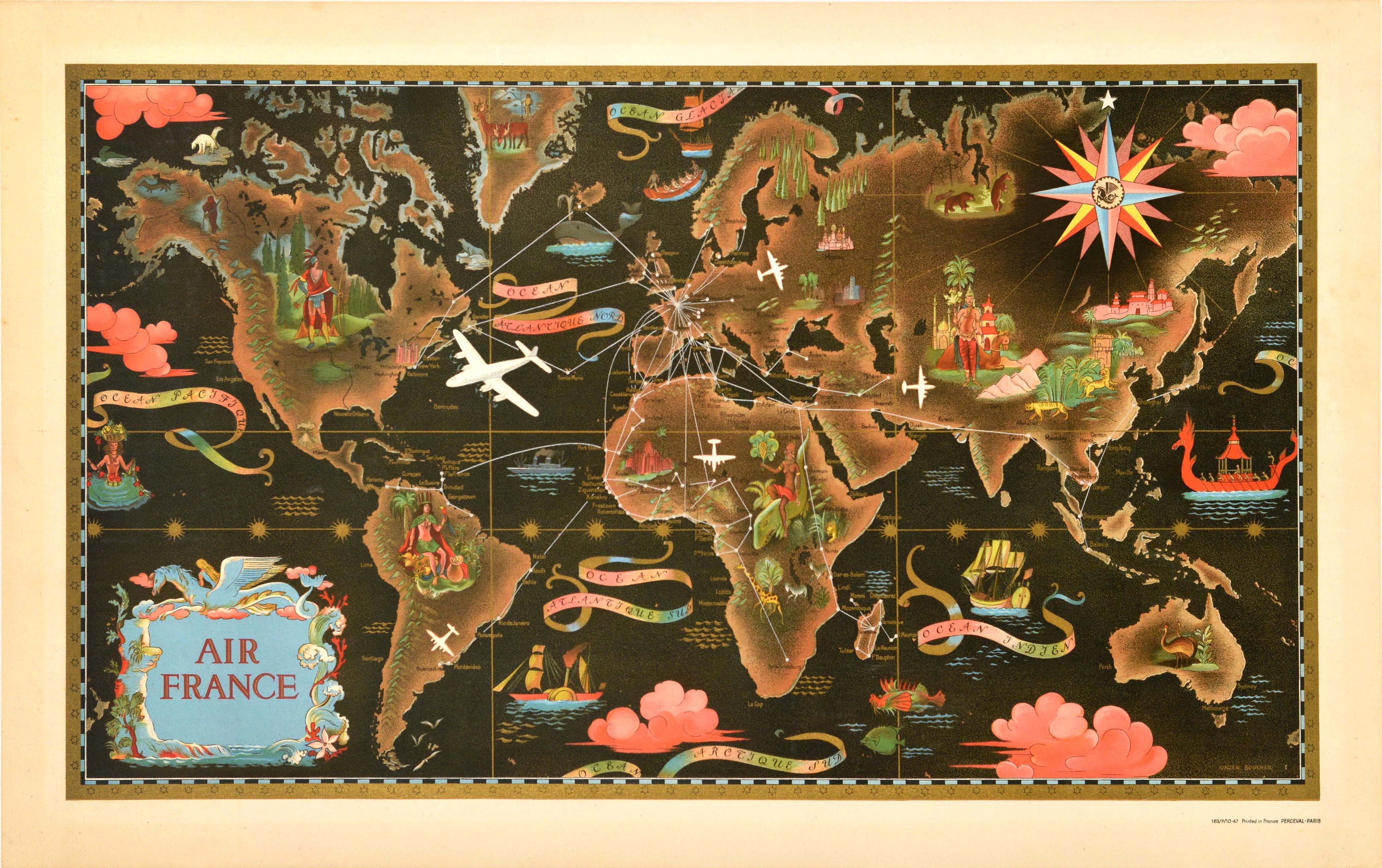 Lucien Boucher - Original Vintage Travel Route Poster Air France ...