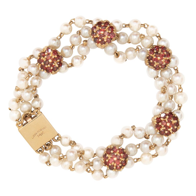 Lucien Piccard 14k Gold, Garnet and Pearl Bracelet For Sale at 1stDibs