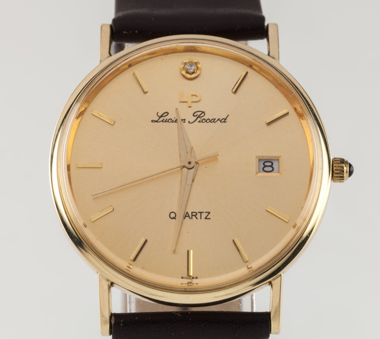 Lucien Piccard 14k Yellow Gold Quartz Watch w/ Date and Leather Band ...