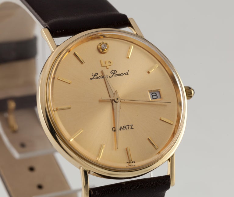 Lucien Piccard 14k Yellow Gold Quartz Watch w/ Date and Leather Band ...