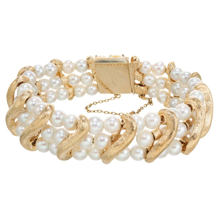 Lucien Piccard Cultured Pearl Yellow Gold Three Row Bracelet For Sale ...
