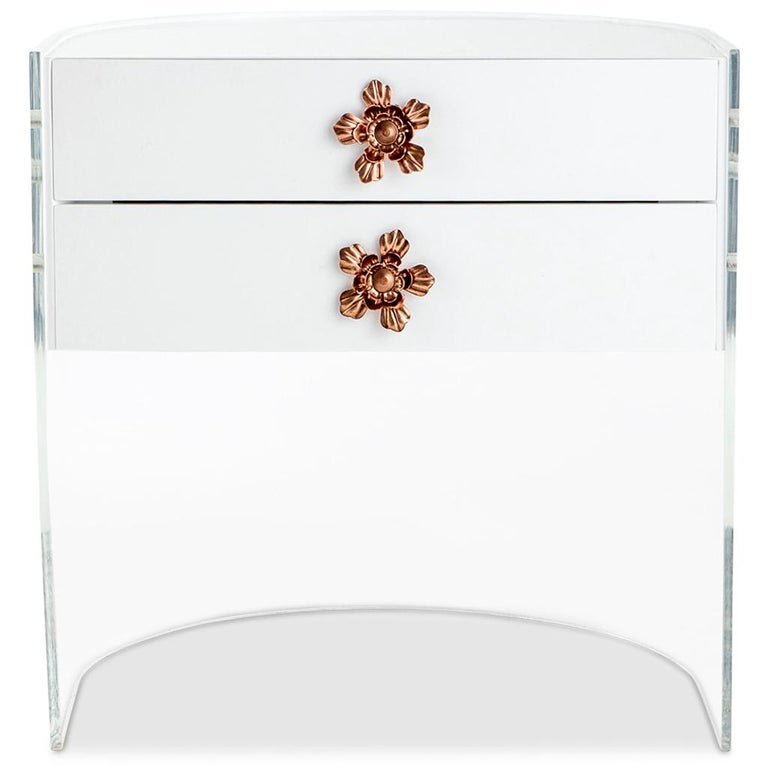 Lucite Acrylic, White Chinese Lacquer and Copper Bedside Pedestal by ...