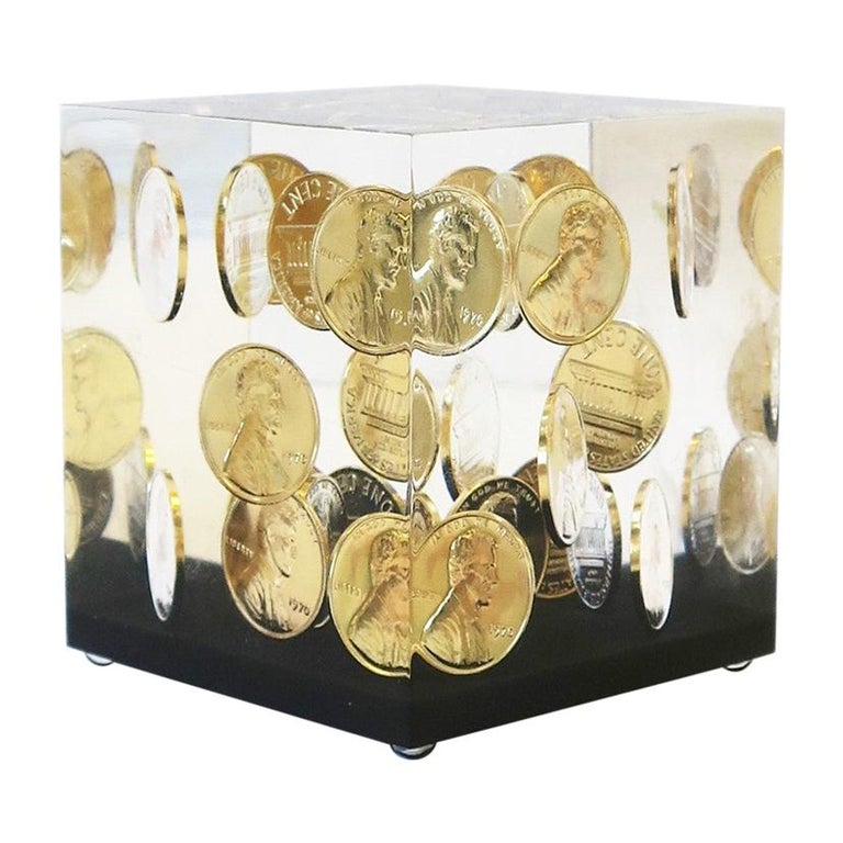 Lucite and 1970s Copper Pennies Paperweight Decorative Object For Sale ...