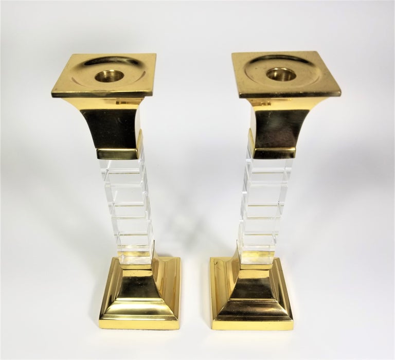 Lucite and Brass Large Candle Holders Candlesticks 1970s Mid. Century ...