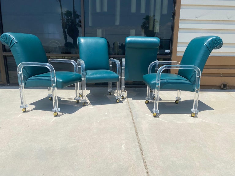 Vintage Lucite and Emerald Green Leather Set of 4 Dining/Game Chairs on ...