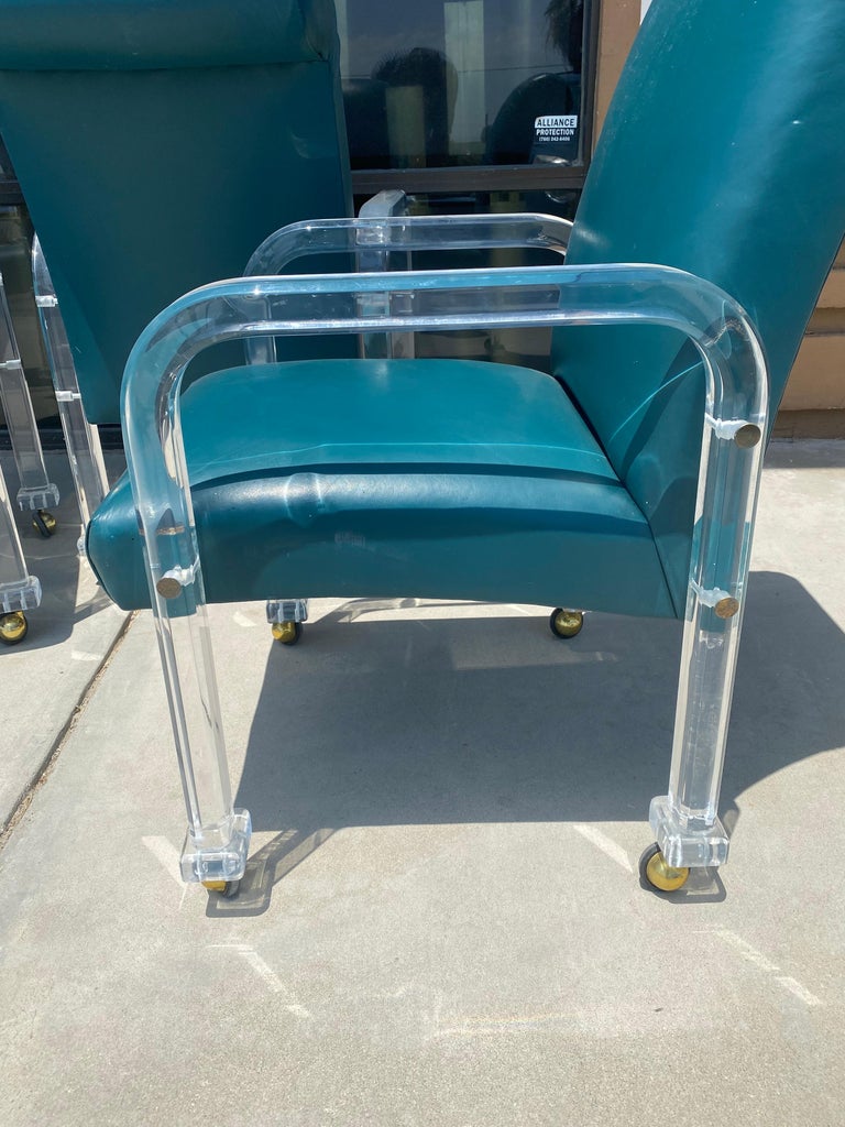 Vintage Lucite and Emerald Green Leather Set of 4 Dining/Game Chairs on ...