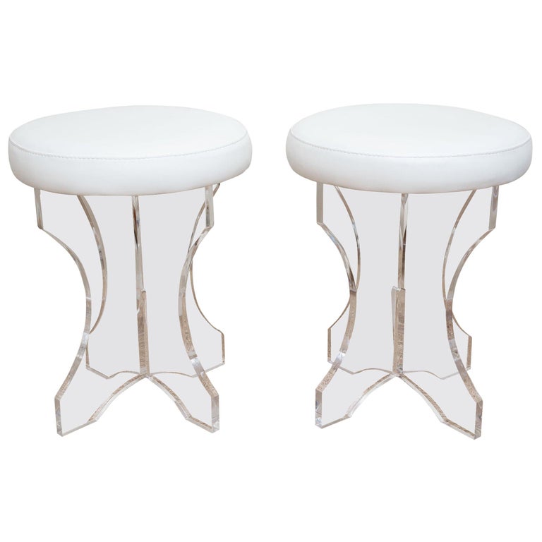 Lucite and White Vinyl Upholstered Vanity Stools Pair of 80's at 1stDibs