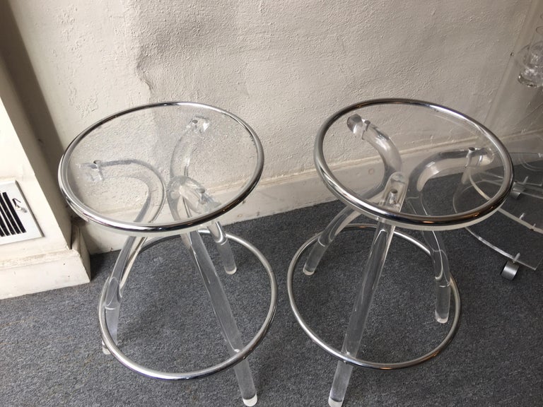 Lucite Bar, 2 Stools and Original Drink Glasses and Ice Bucket at 1stDibs