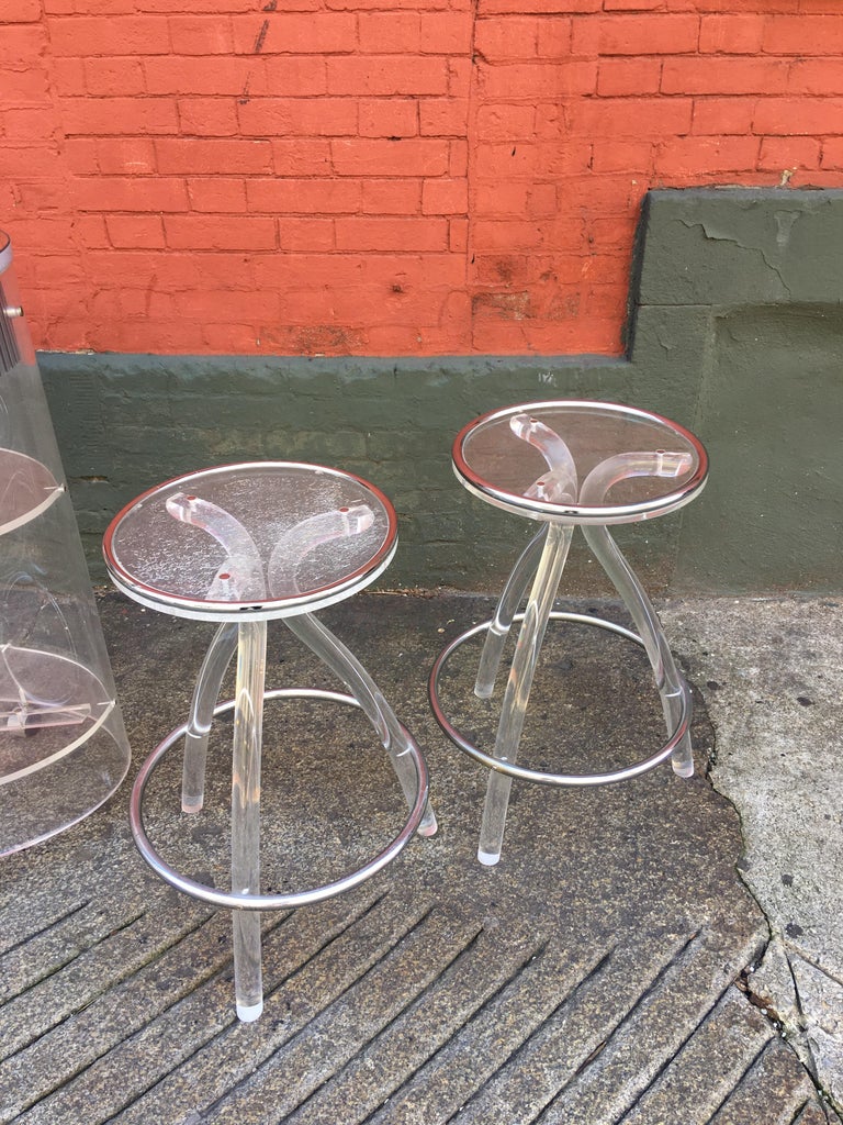 Lucite Bar, 2 Stools and Original Drink Glasses and Ice Bucket at 1stDibs