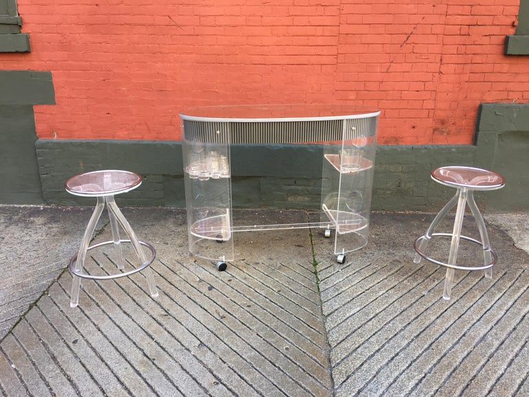 Lucite Bar, 2 Stools and Original Drink Glasses and Ice Bucket at 1stDibs