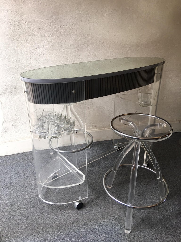 Lucite Bar, 2 Stools and Original Drink Glasses and Ice Bucket at 1stDibs