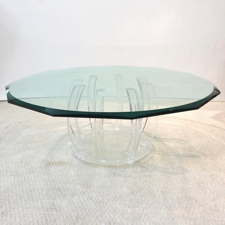 Lucite Barrel Cage Base Cocktail Table with Round 12 Sided Beveled ...