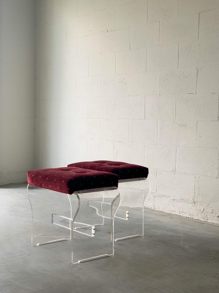 Lucite Bench Stool Crimson Red Velvet Upholstery - Pair For Sale at 1stDibs