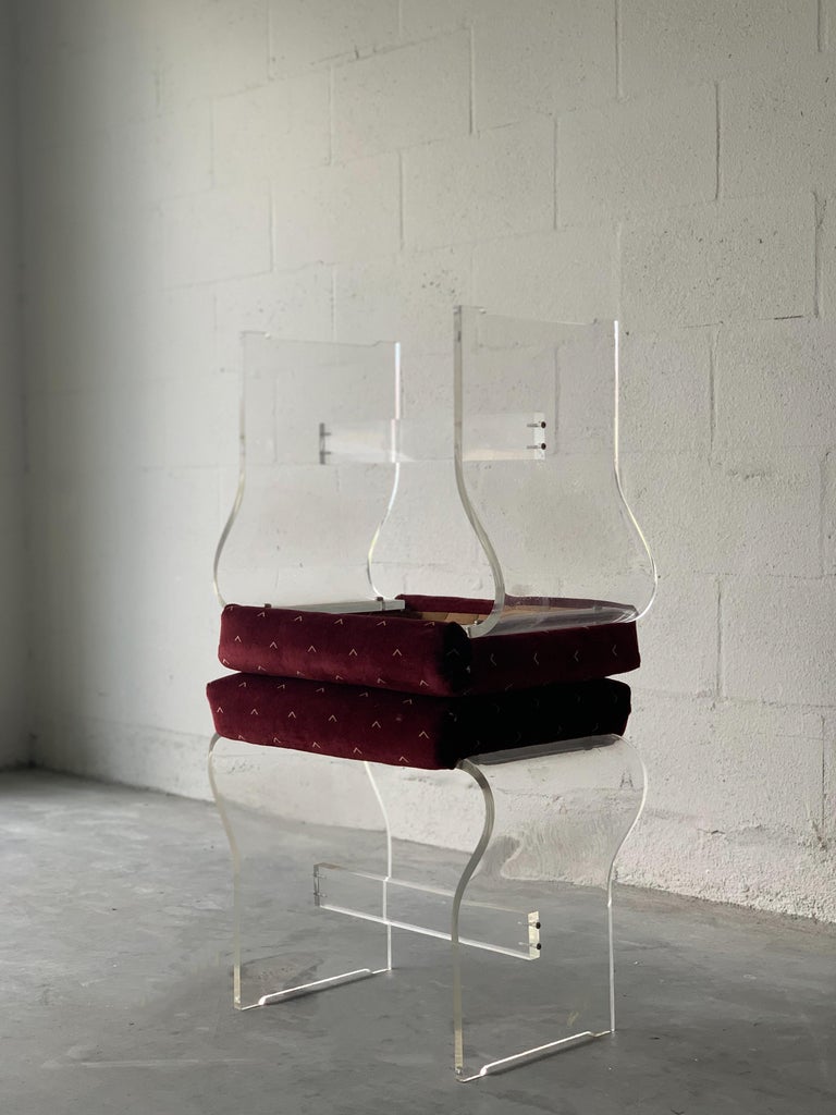 Lucite Bench Stool Crimson Red Velvet Upholstery - Pair For Sale at 1stDibs