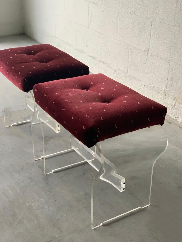 Lucite Bench Stool Crimson Red Velvet Upholstery - Pair For Sale at 1stDibs