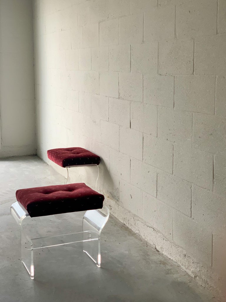 Lucite Bench Stool Crimson Red Velvet Upholstery - Pair For Sale at 1stDibs