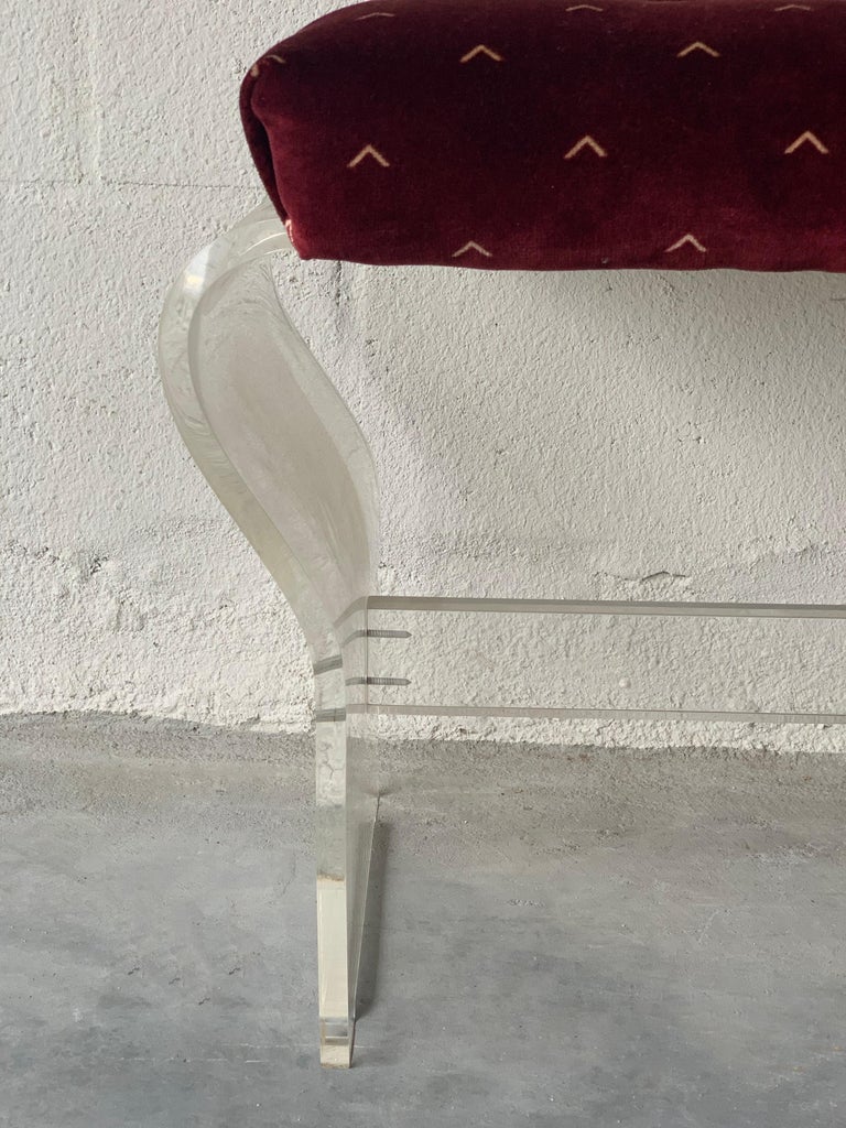 Lucite Bench Stool Crimson Red Velvet Upholstery - Pair For Sale at 1stDibs