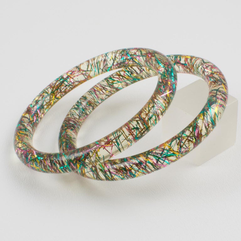 Lucite Bracelet Bangle Multicolor Metallic Thread Inclusions, set of 2 ...