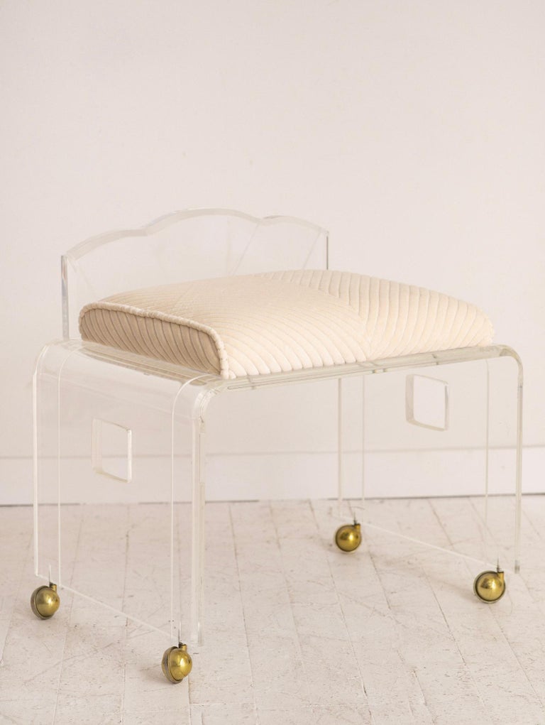 Lucite Rolling Vanity Bench/Stool with Striped Velvet Cushion at 1stDibs