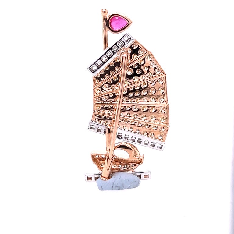 Lucky Charm Sailing Boat Brooch with Diamonds and Ruby in 18K Gold For ...