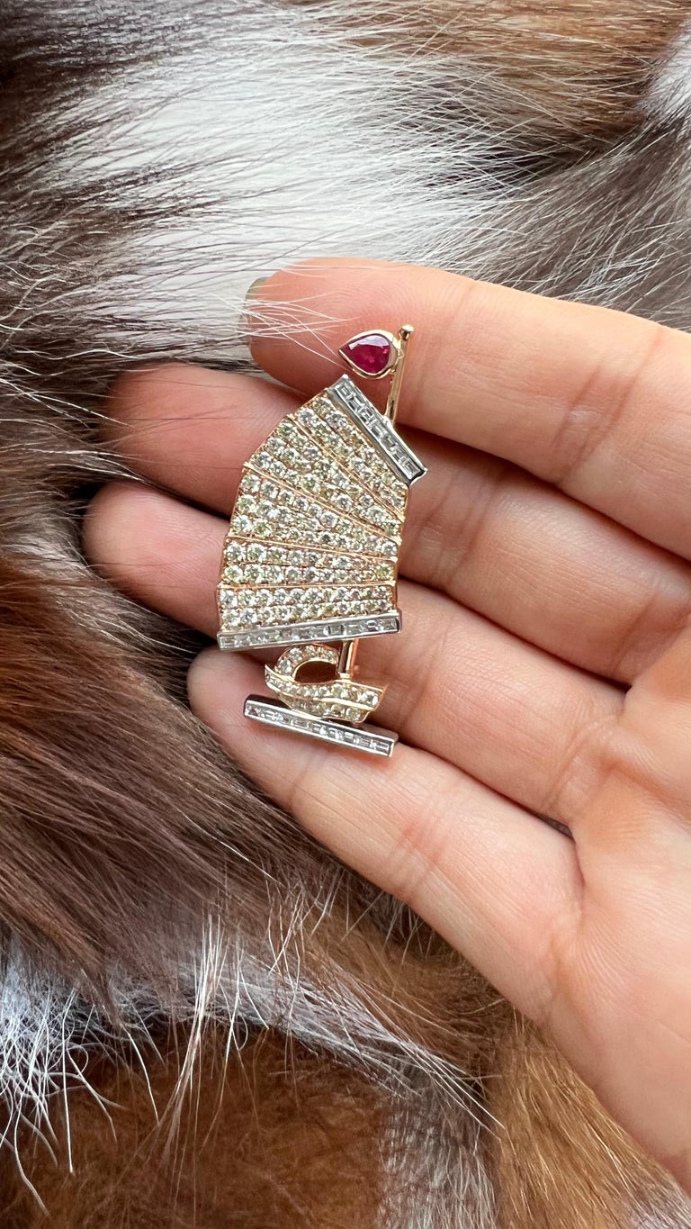 Lucky Charm Sailing Boat Brooch with Diamonds and Ruby in 18K Gold For ...
