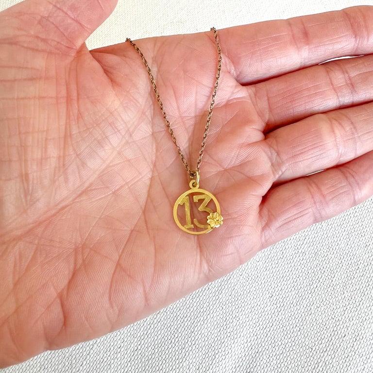 Lucky Number Thirteen and 18K Yellow Gold Vintage Charm Pendant For ...